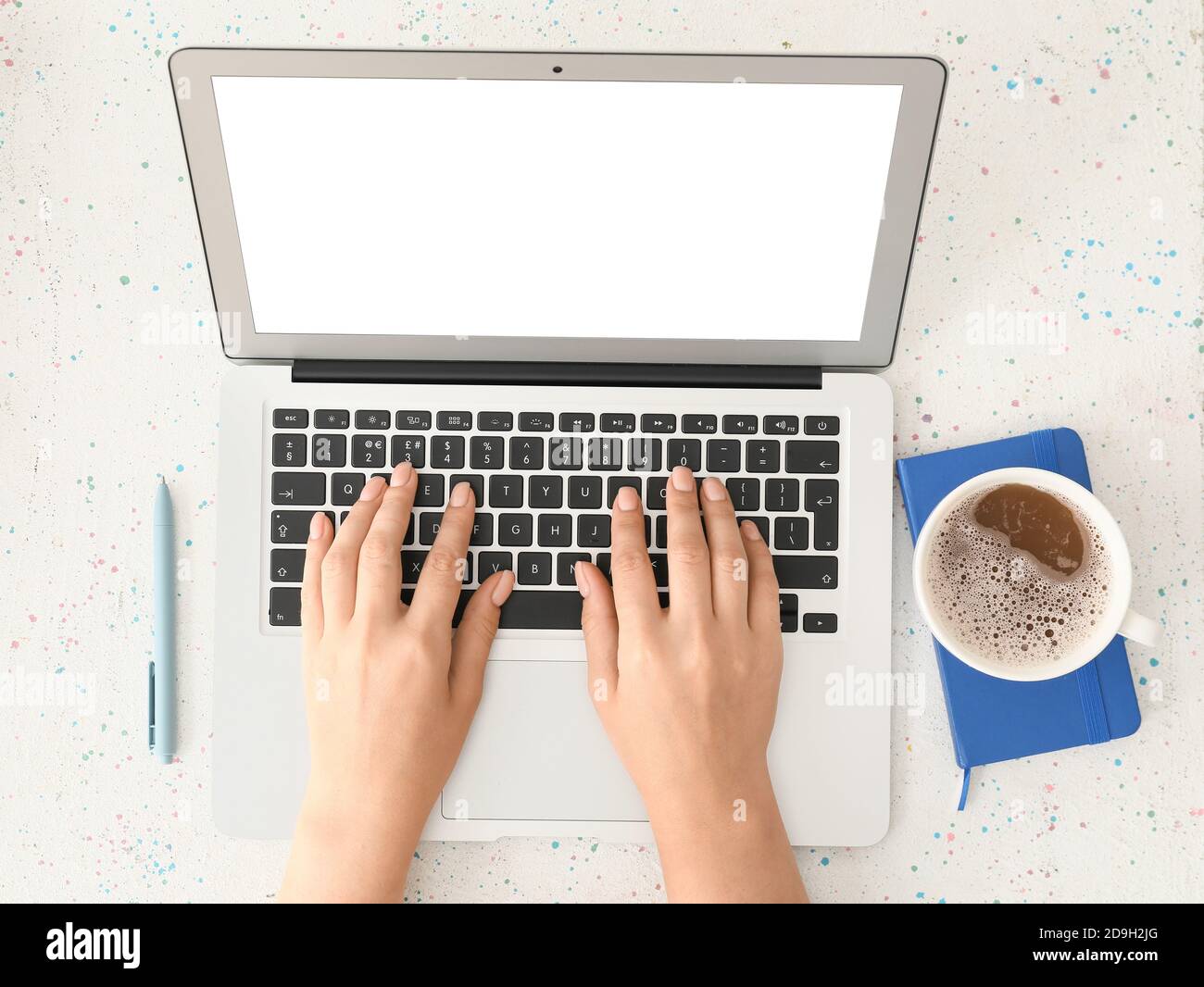 Female hands with modern laptop on white background Stock Photo - Alamy