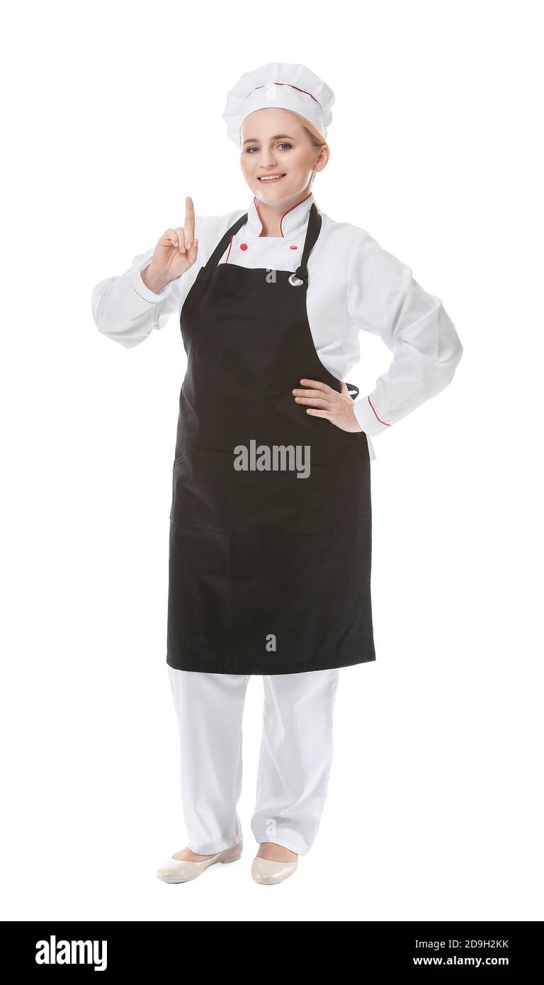 Mature female chef with raised index finger on white background Stock ...
