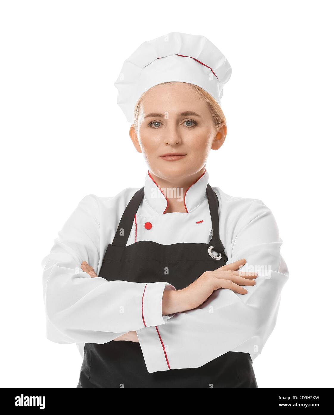 Mature female chef on white background Stock Photo - Alamy