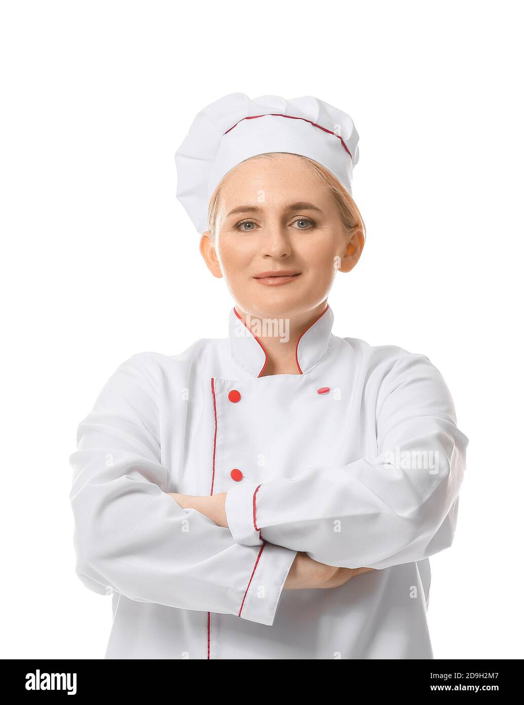 Mature female chef on white background Stock Photo - Alamy