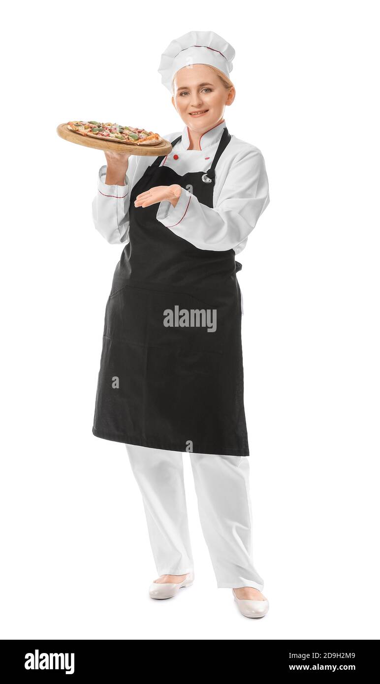 Mature female chef with tasty pizza on white background Stock Photo - Alamy