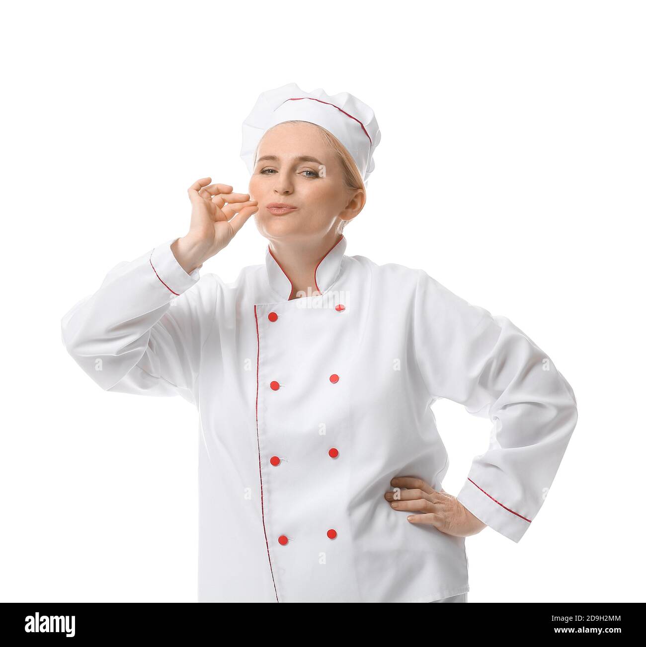 Mature female chef on white background Stock Photo - Alamy