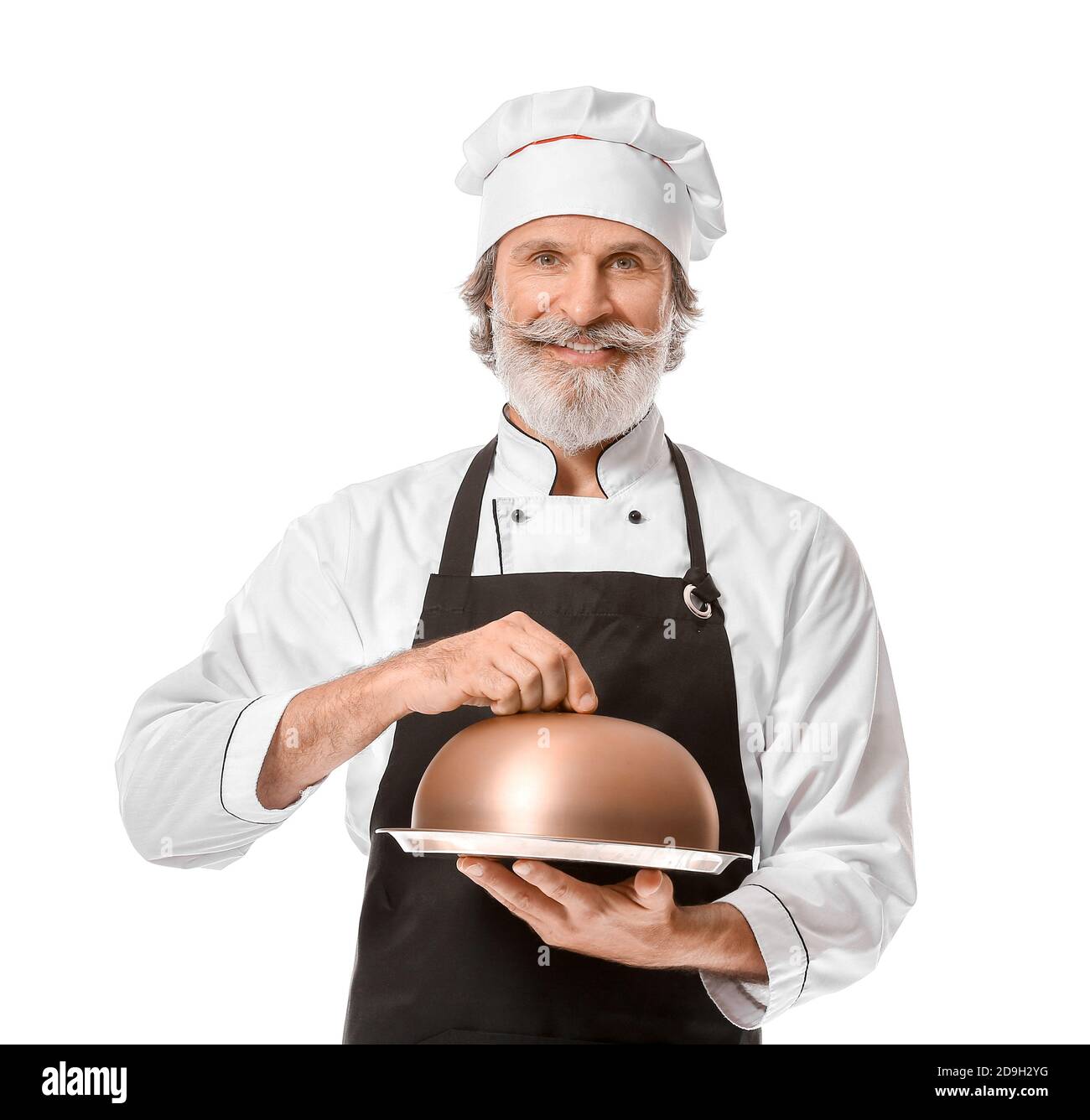 Mature male chef with tray and cloche on white background Stock Photo ...