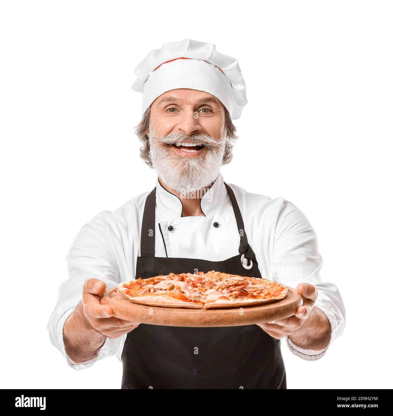 Mature male chef with tasty pizza on white background Stock Photo - Alamy