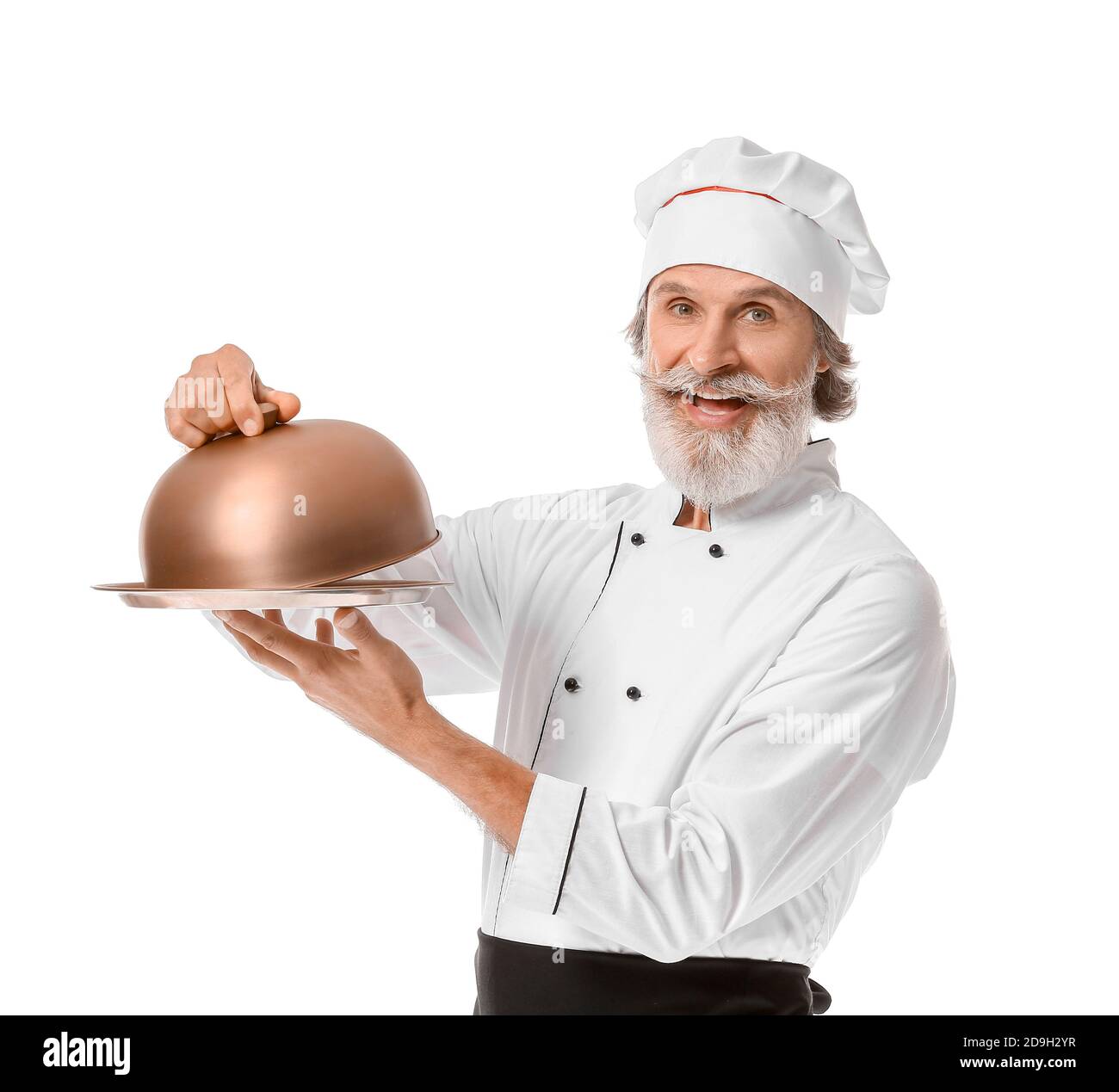Mature male chef with tray and cloche on white background Stock Photo ...