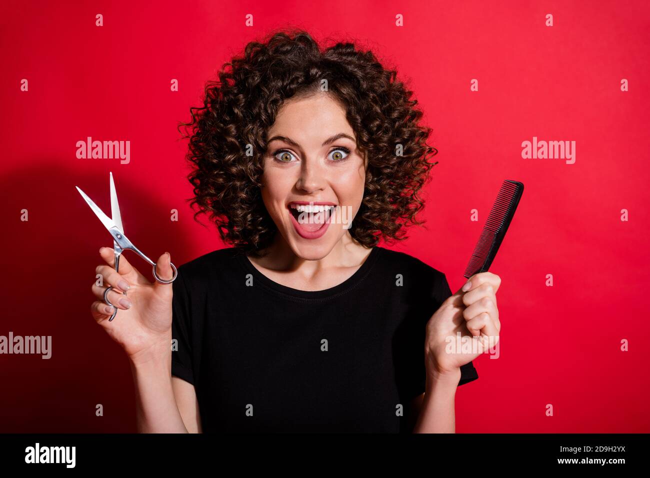 Portrait of attractive curly people open mouth arms hold scissors comb ...