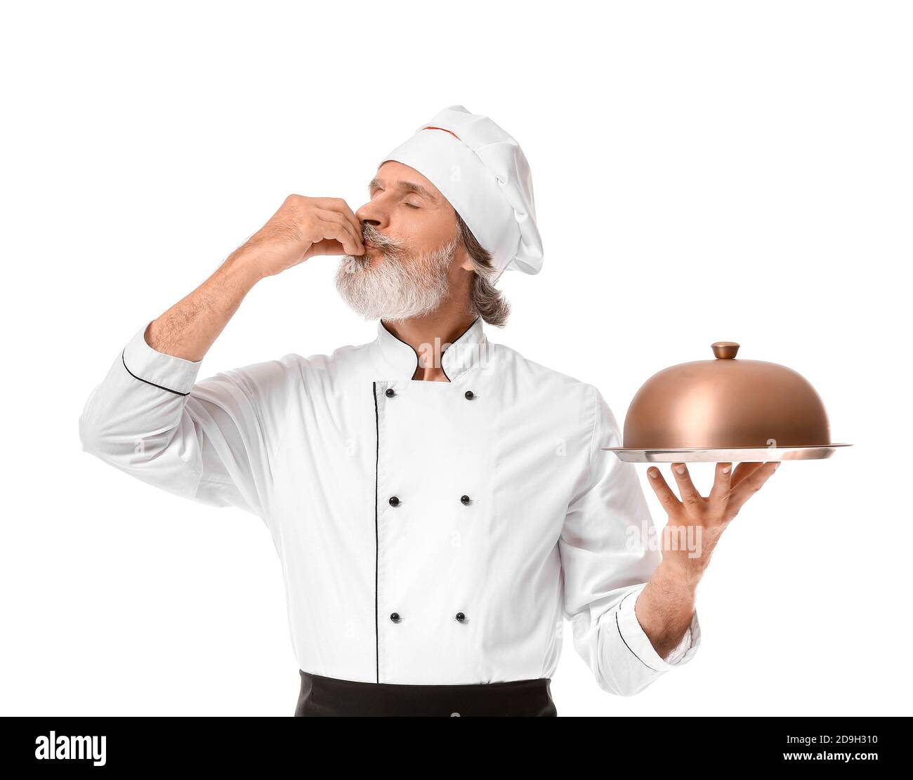 Mature male chef with tray and cloche on white background Stock Photo ...