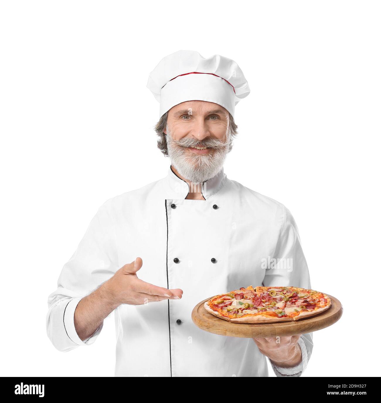 Mature male chef with tasty pizza on white background Stock Photo - Alamy
