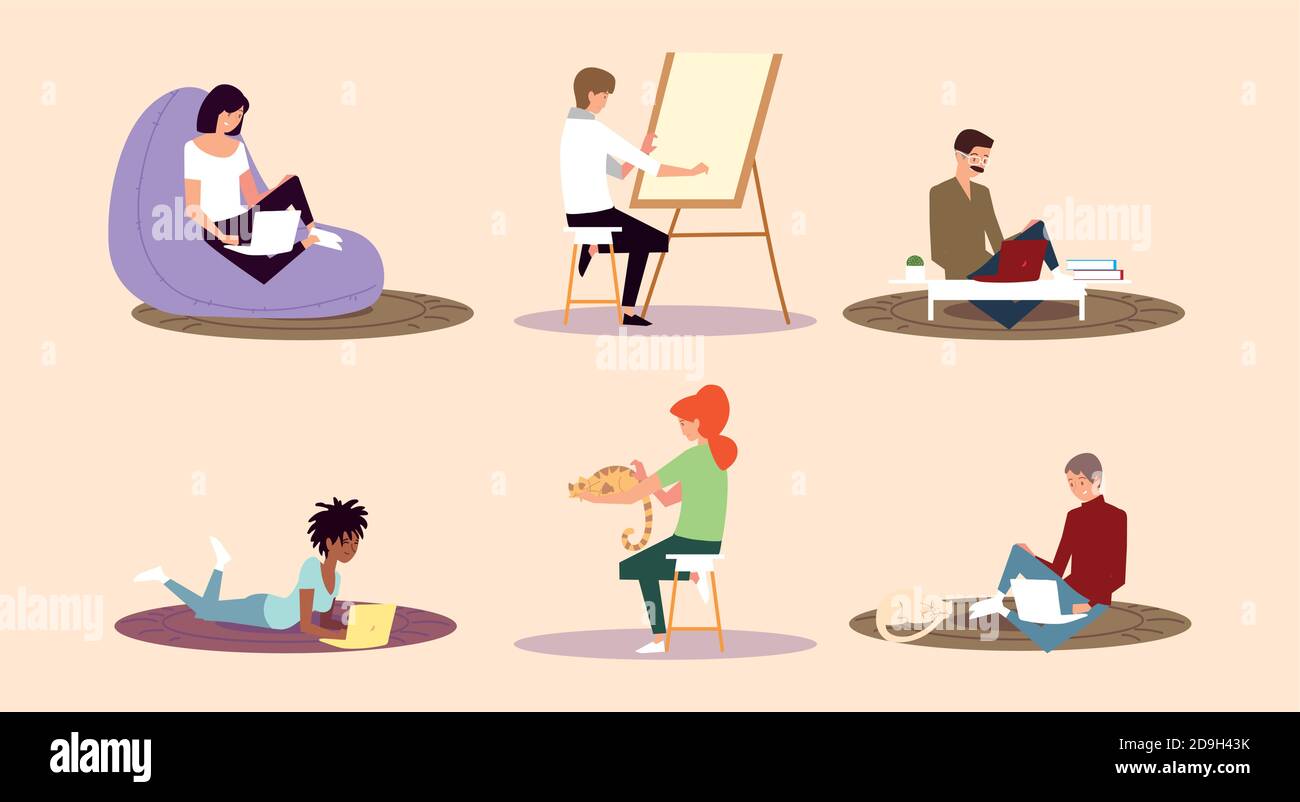 people work in different places, collection icons design vector ...