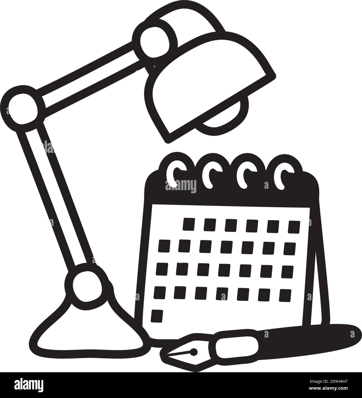 desk lamp with calendar and pen over white background, silhouette style ...