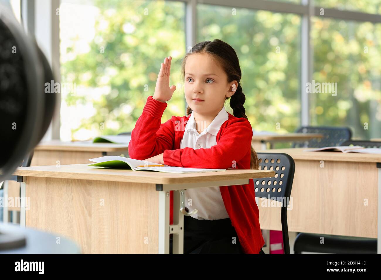 Cute schoolgirl during lesson in classroom Stock Photo - Alamy