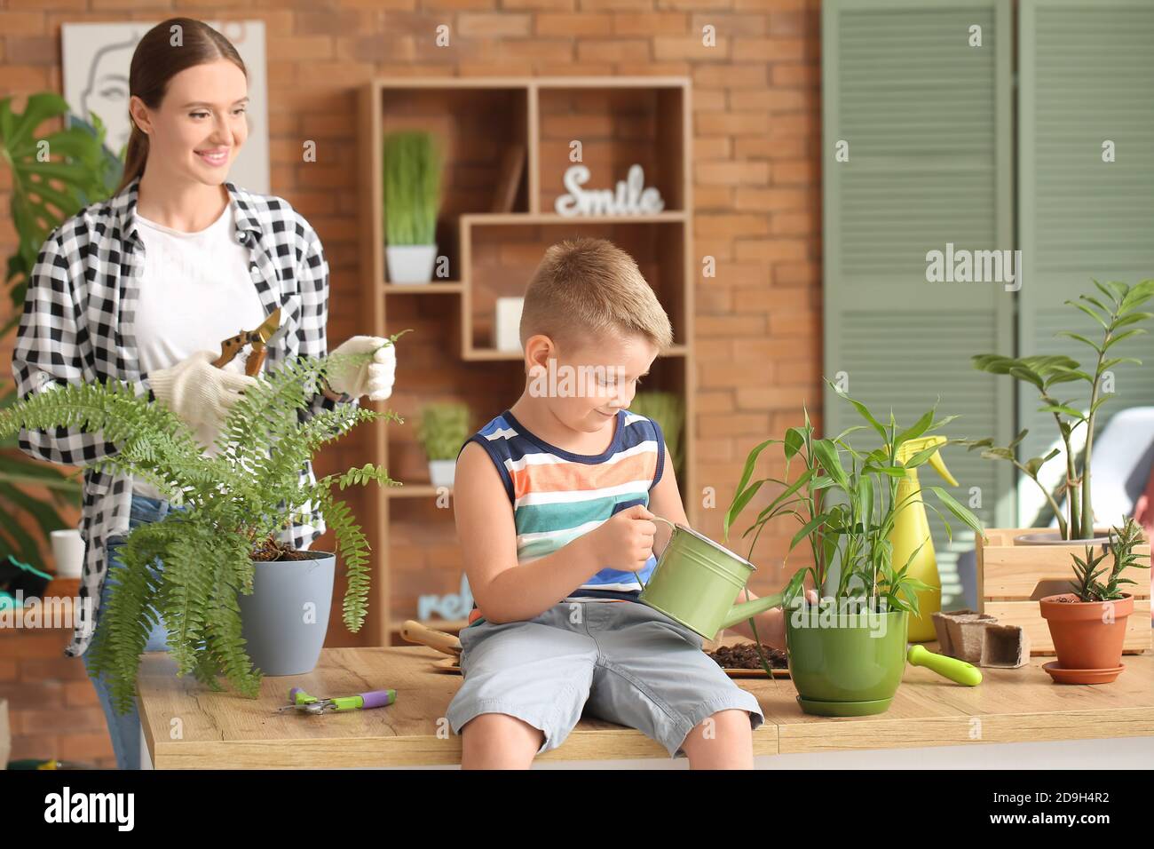 Young mother with son setting out plants at home Stock Photo - Alamy