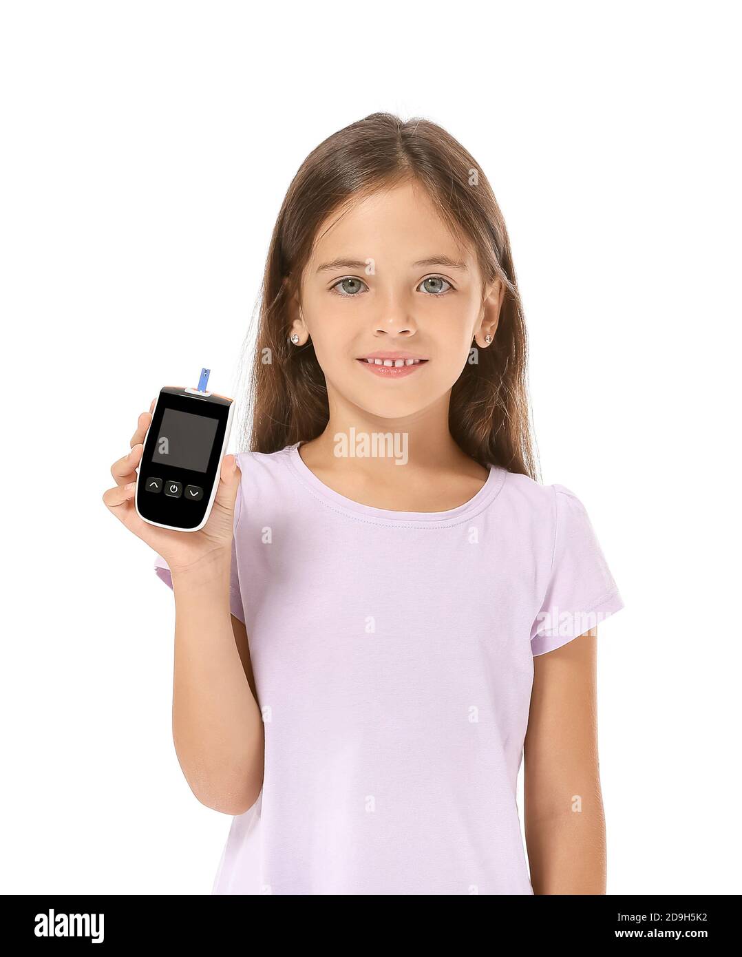 Little diabetic girl with glucometer on white background Stock Photo ...