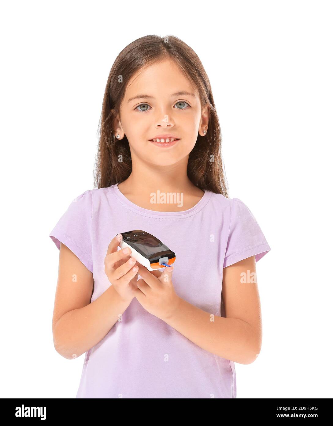 Little diabetic girl with glucometer on white background Stock Photo ...