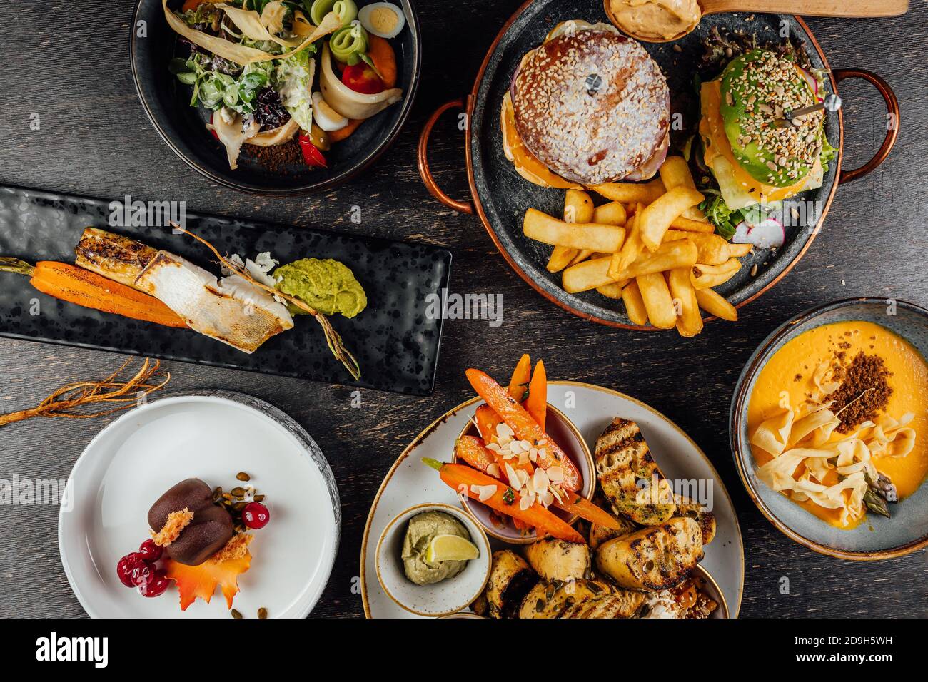 Top view of fast food on a table Stock Photo - Alamy