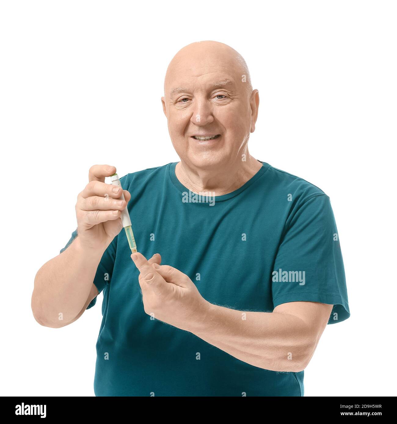 Senior diabetic man taking blood sample with lancet pen on white ...