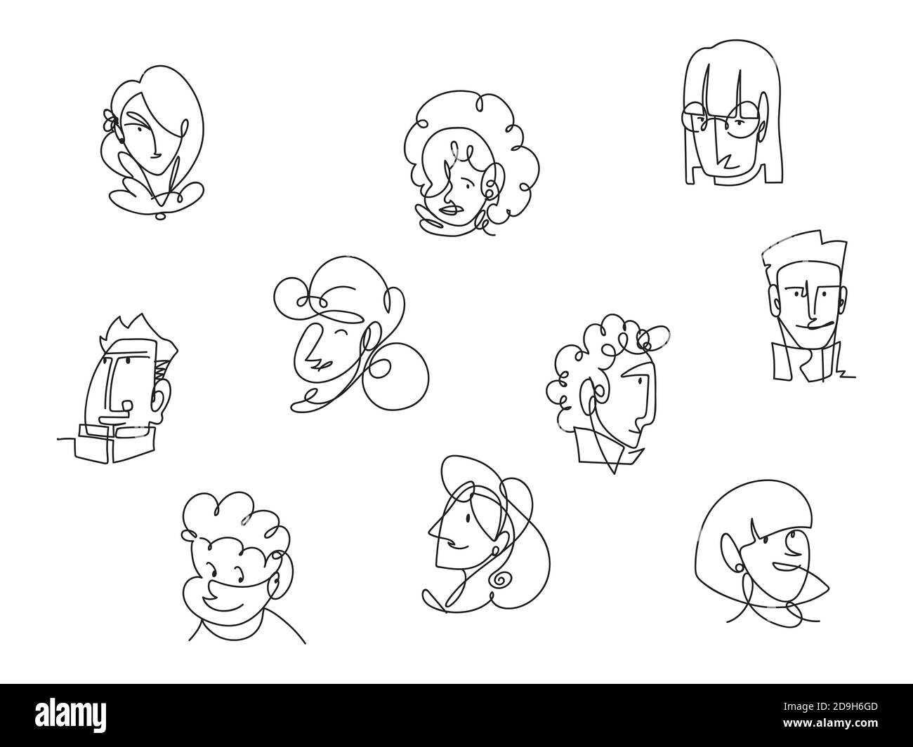 set icons faces men and women continuous line, isolated design vector ...