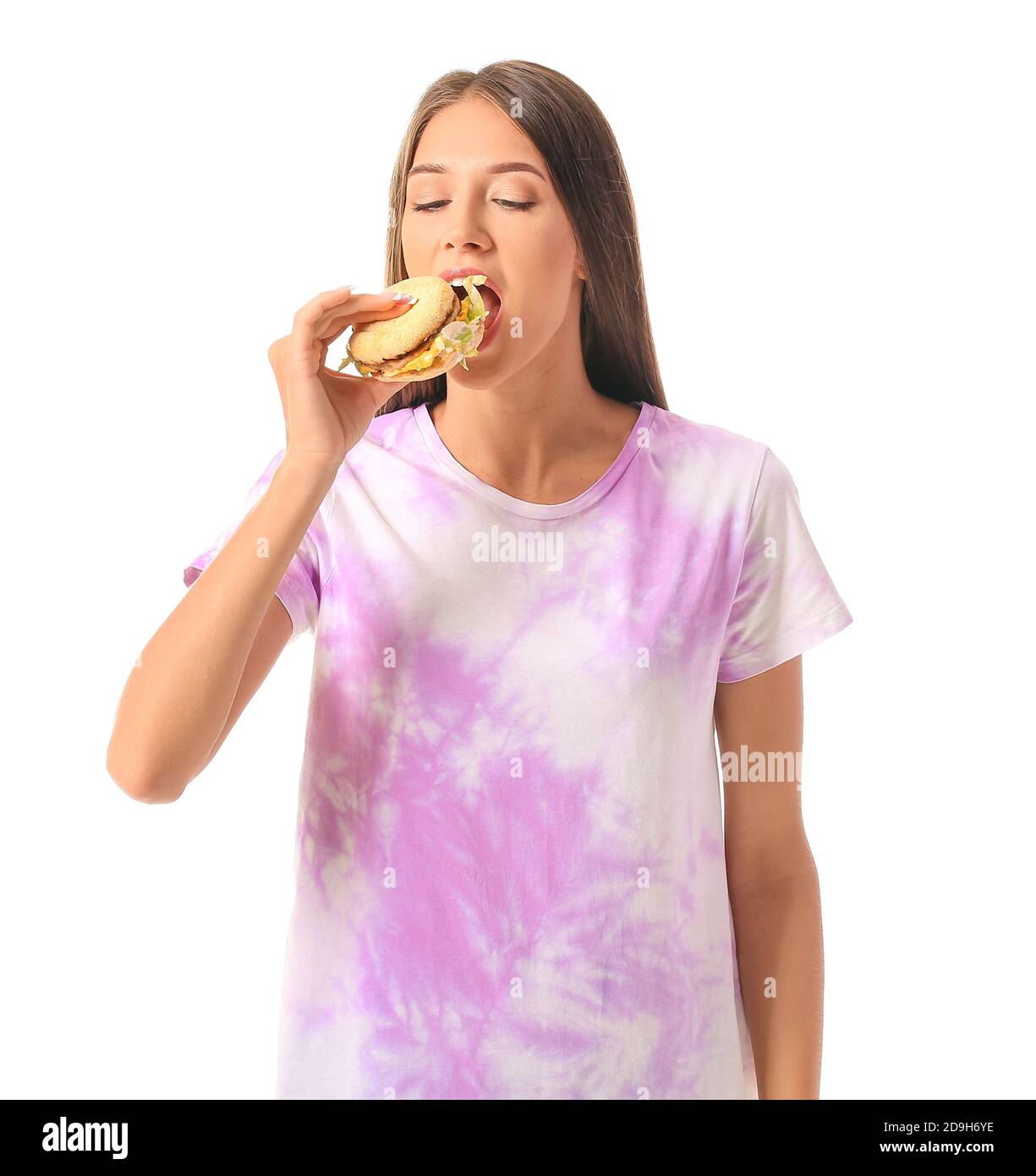 Woman with problem of strong hunger on white background. Diabetes ...