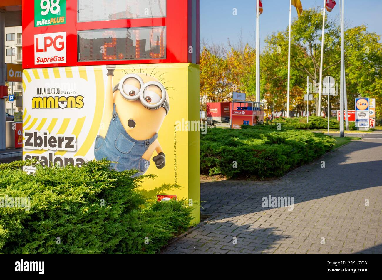 POZNAN, POLAND - Nov 01, 2020: Minions commercial on a board next to a ...