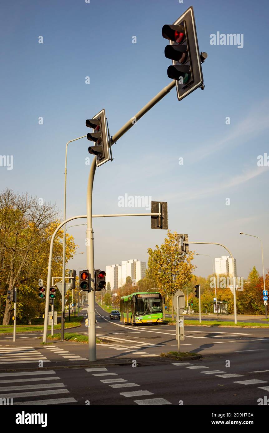 POZNAN, POLAND - Nov 01, 2020: Intersection with traffic lights close ...