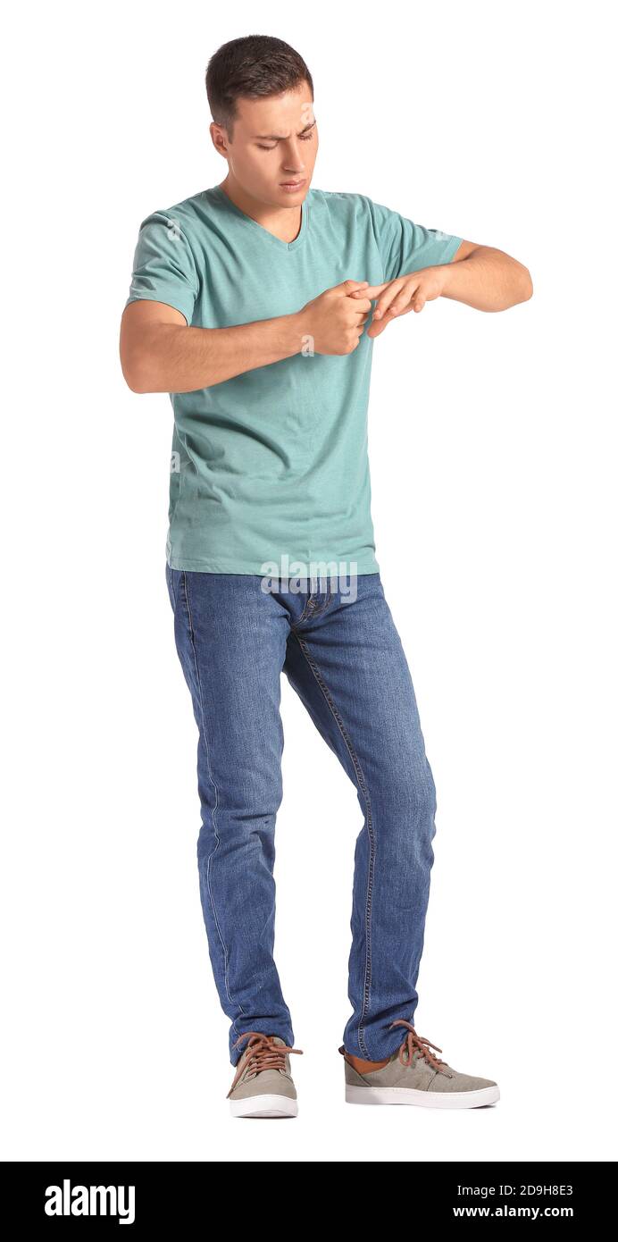 Man with problem of limbs numbness on white background. Diabetes ...