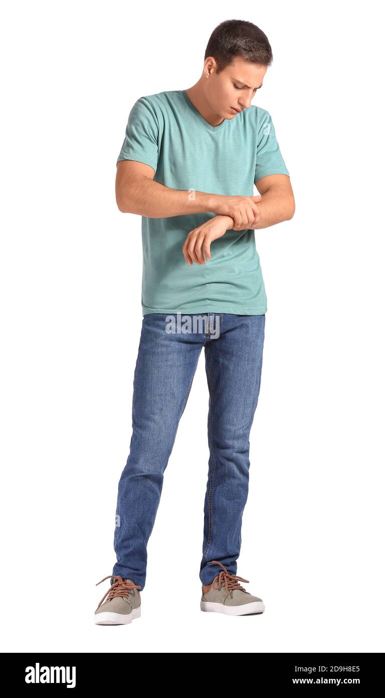 Man with problem of limbs numbness on white background. Diabetes ...