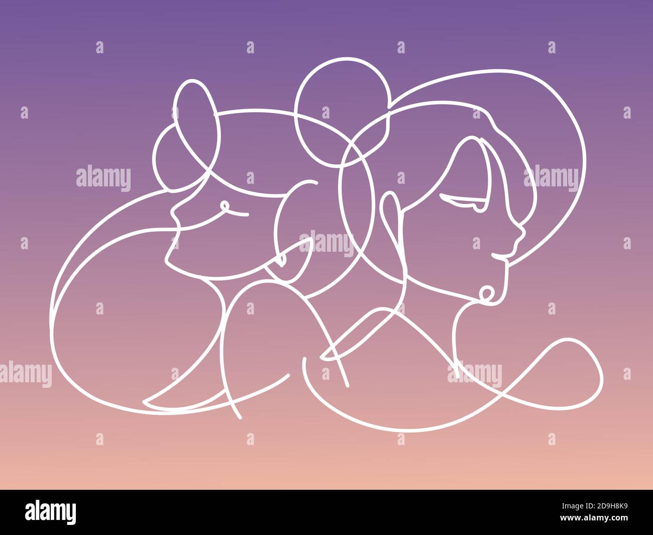 two women portrait continuous line style gradient background vector ...