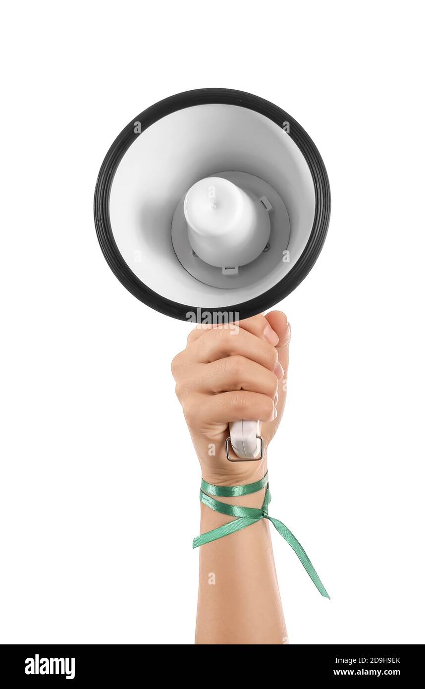 Hand of protesting woman with megaphone on white background Stock Photo ...