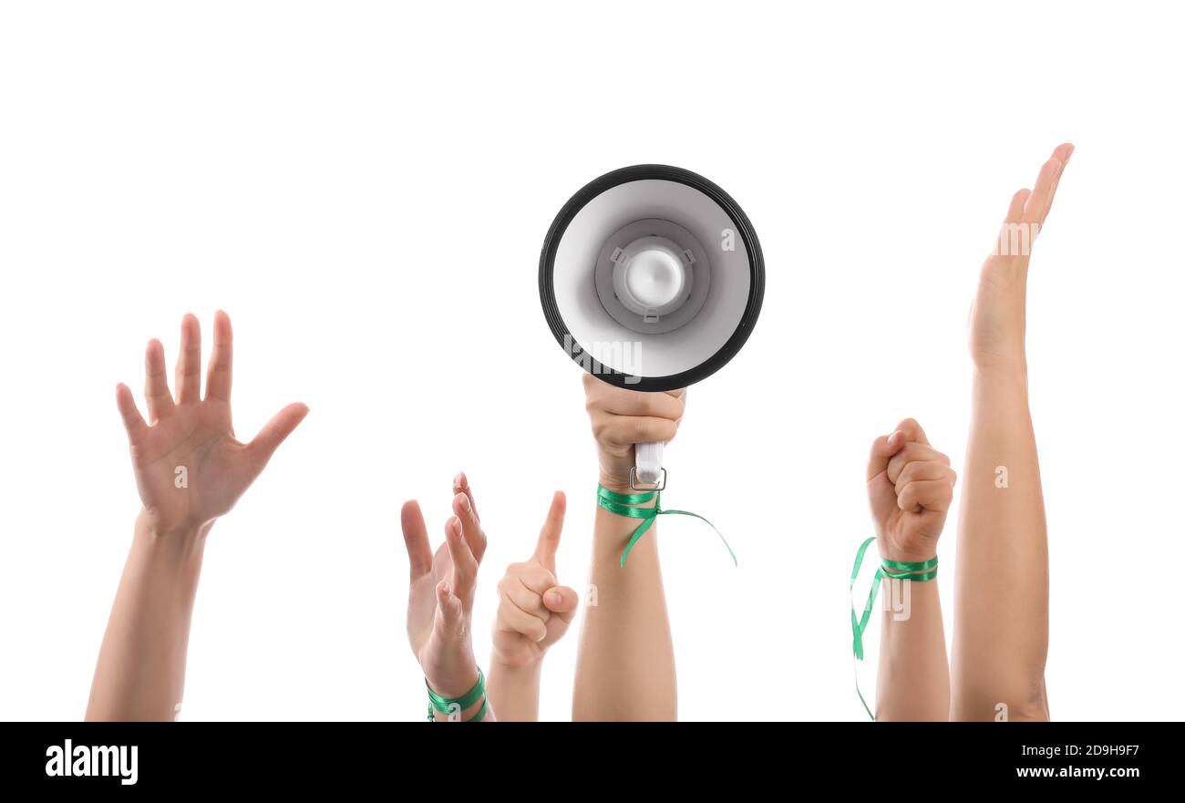 Hands of protesting people with megaphone on white background Stock ...