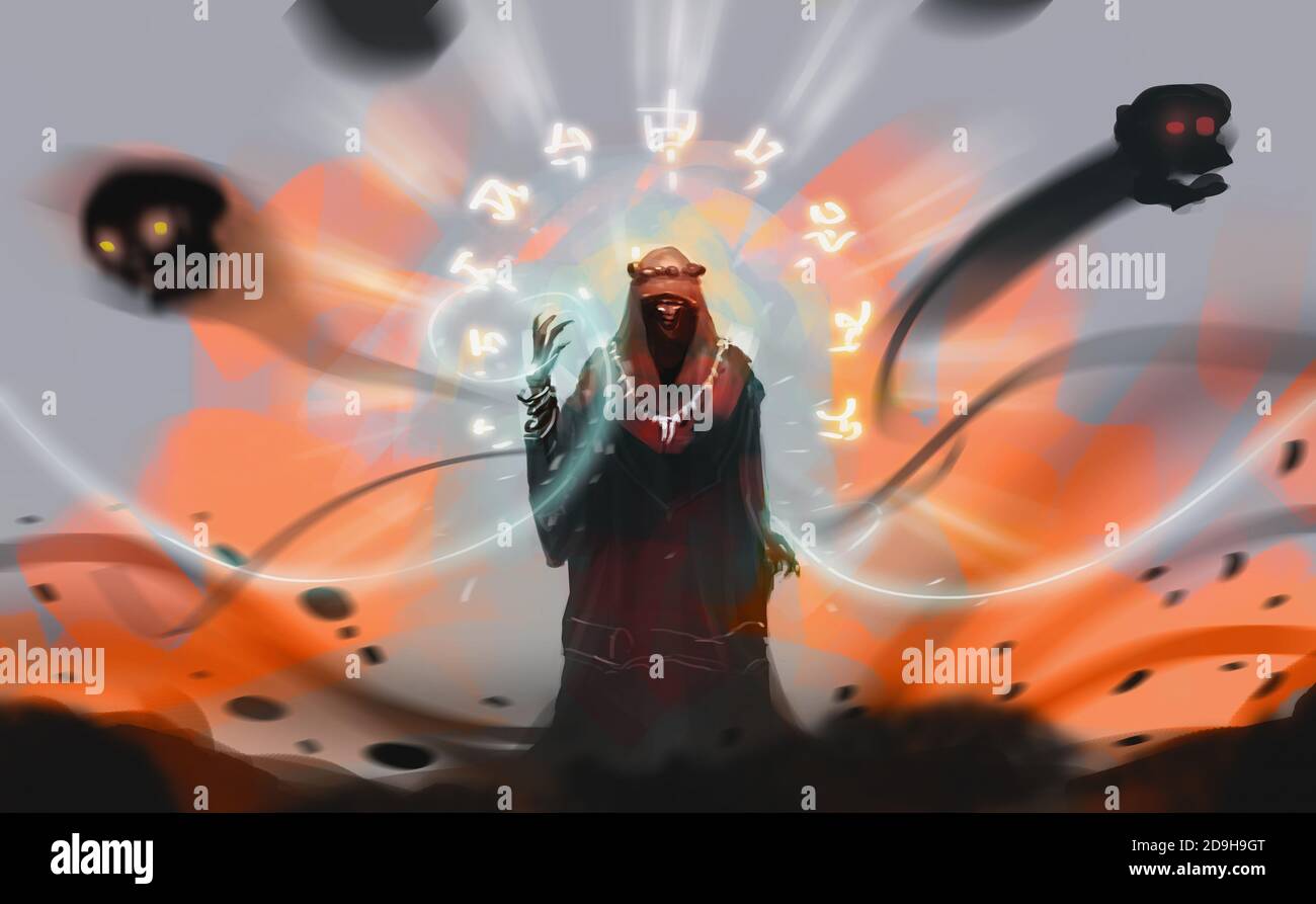 Digital illustration art design style a Sorcerer spelling dark magic ...
