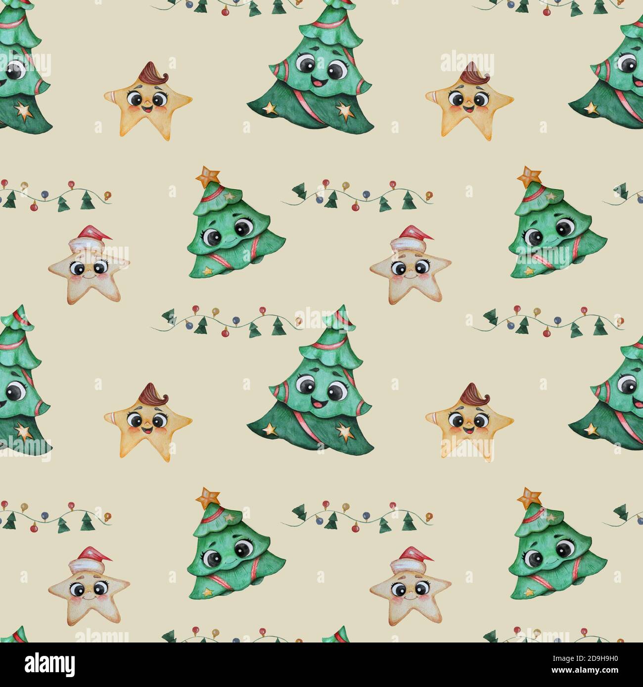 Christmas pattern. Cute Christmas tree with eyes, playful stars with ...