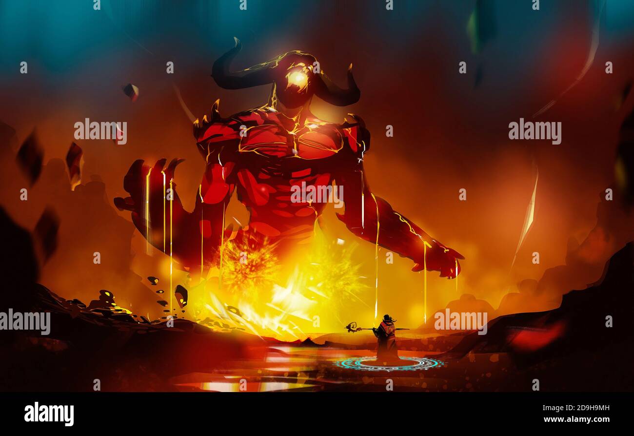 Digital illustration painting design style a wizard summoning big ...