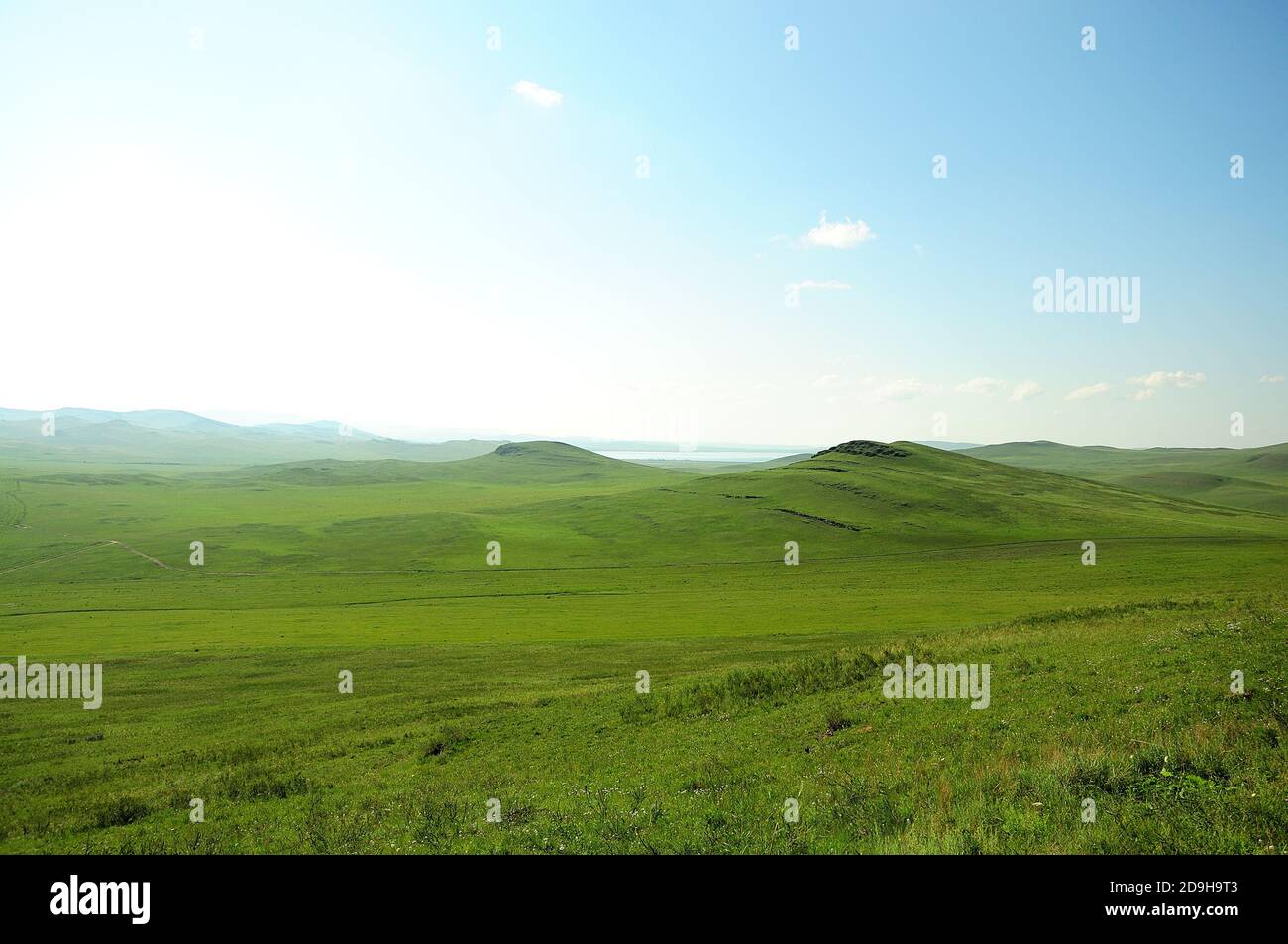Endless steppe in the valley at the foot of the mountains, bathed in ...