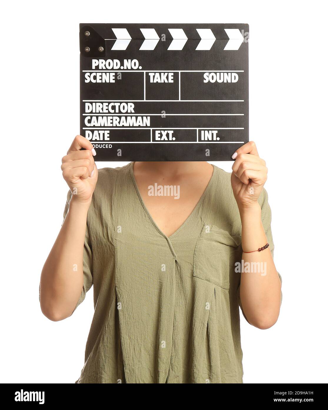 Young female film director with movie clapper on white background Stock ...