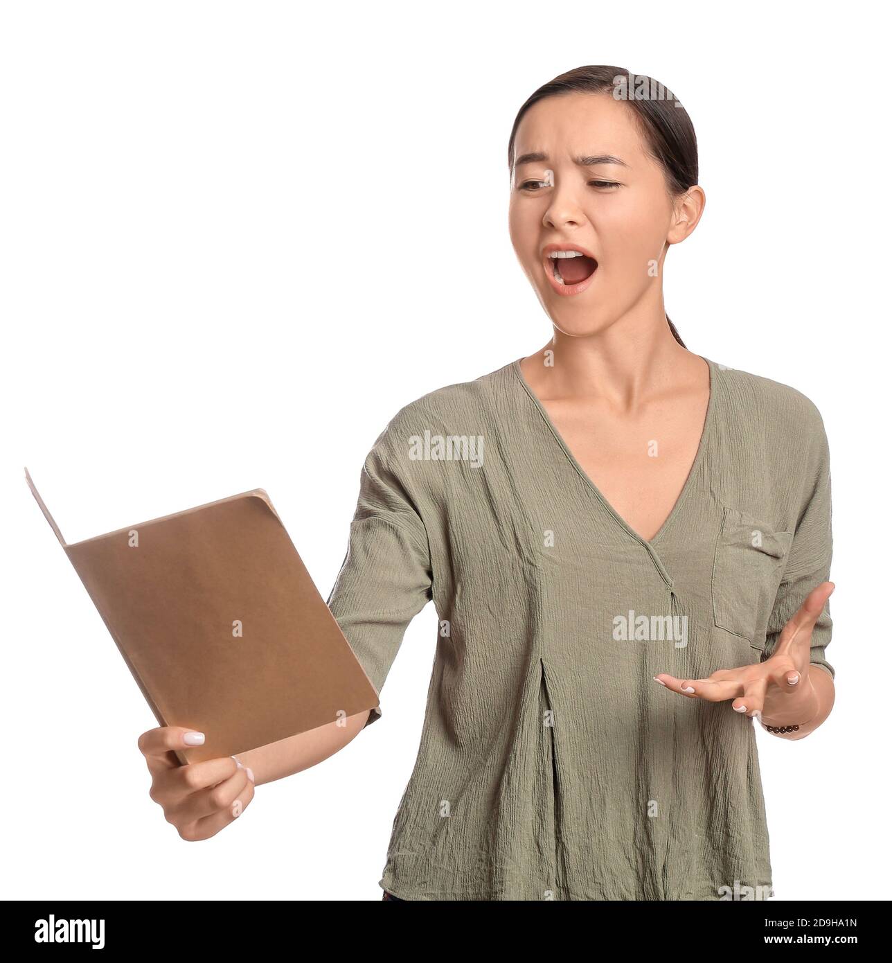 Young talented actress with film script on white background Stock Photo ...