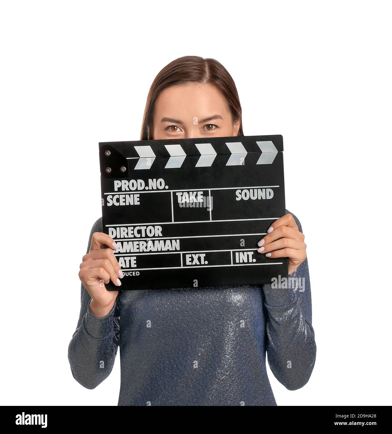 Young female film director with movie clapper on white background Stock ...