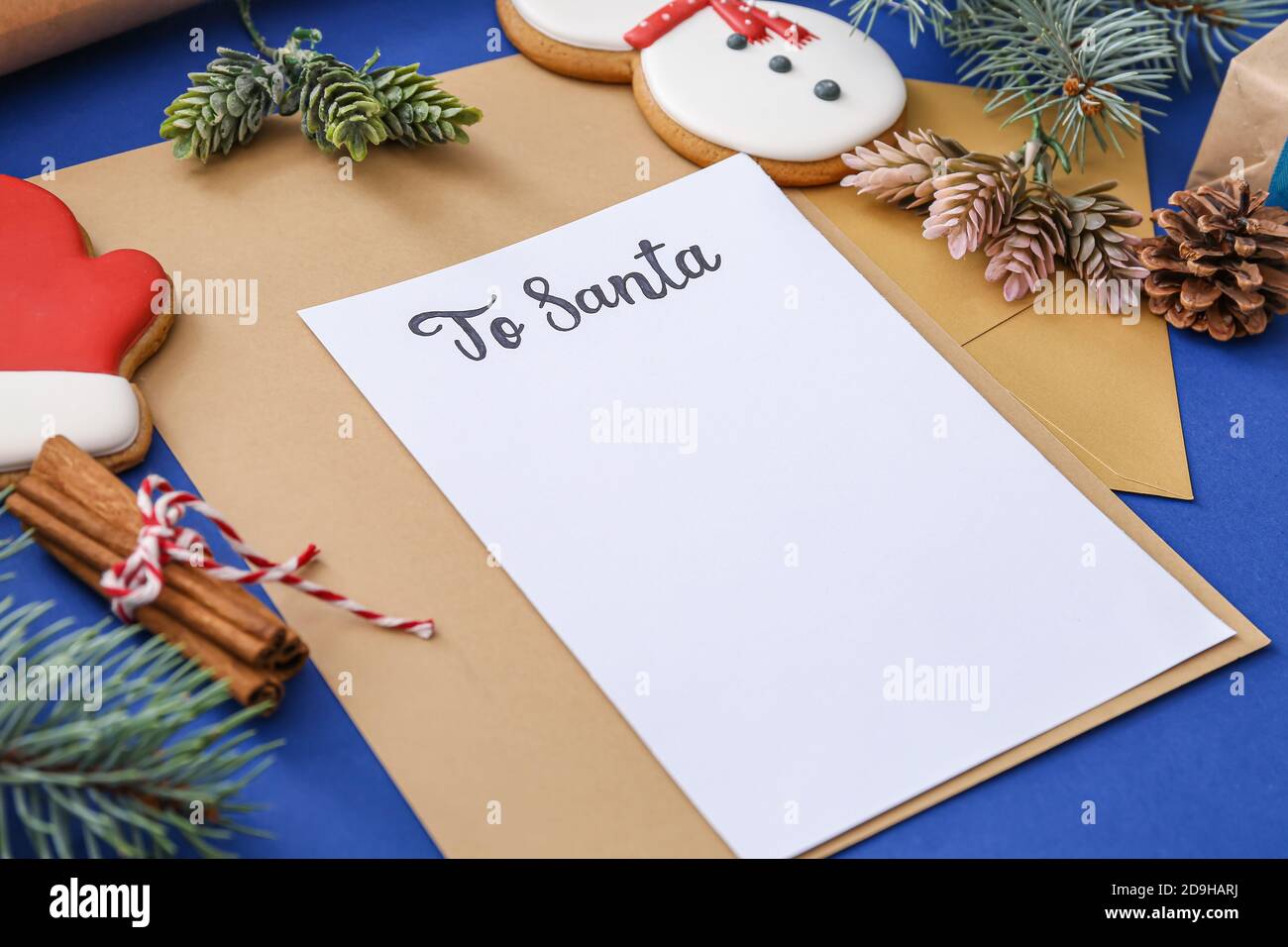 Letter to Santa and Christmas decor on color background Stock Photo - Alamy