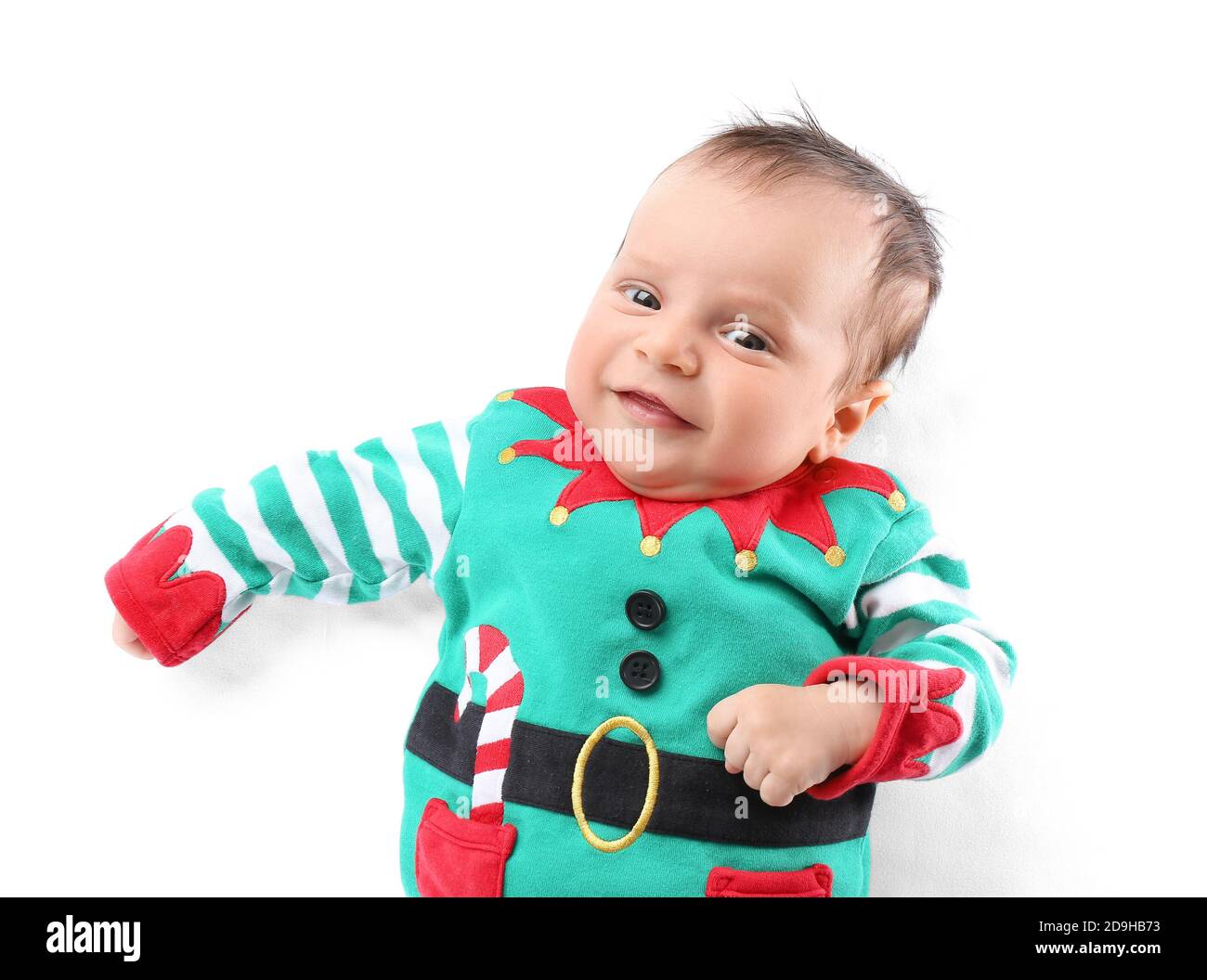 Cute little baby in elf's costume on white background Stock Photo - Alamy
