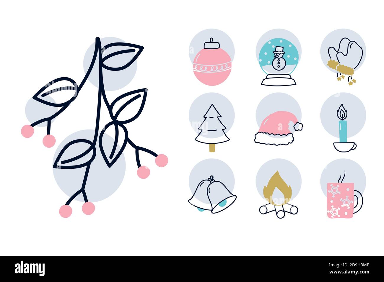 christmas icon set and leaves over white background, half line half ...