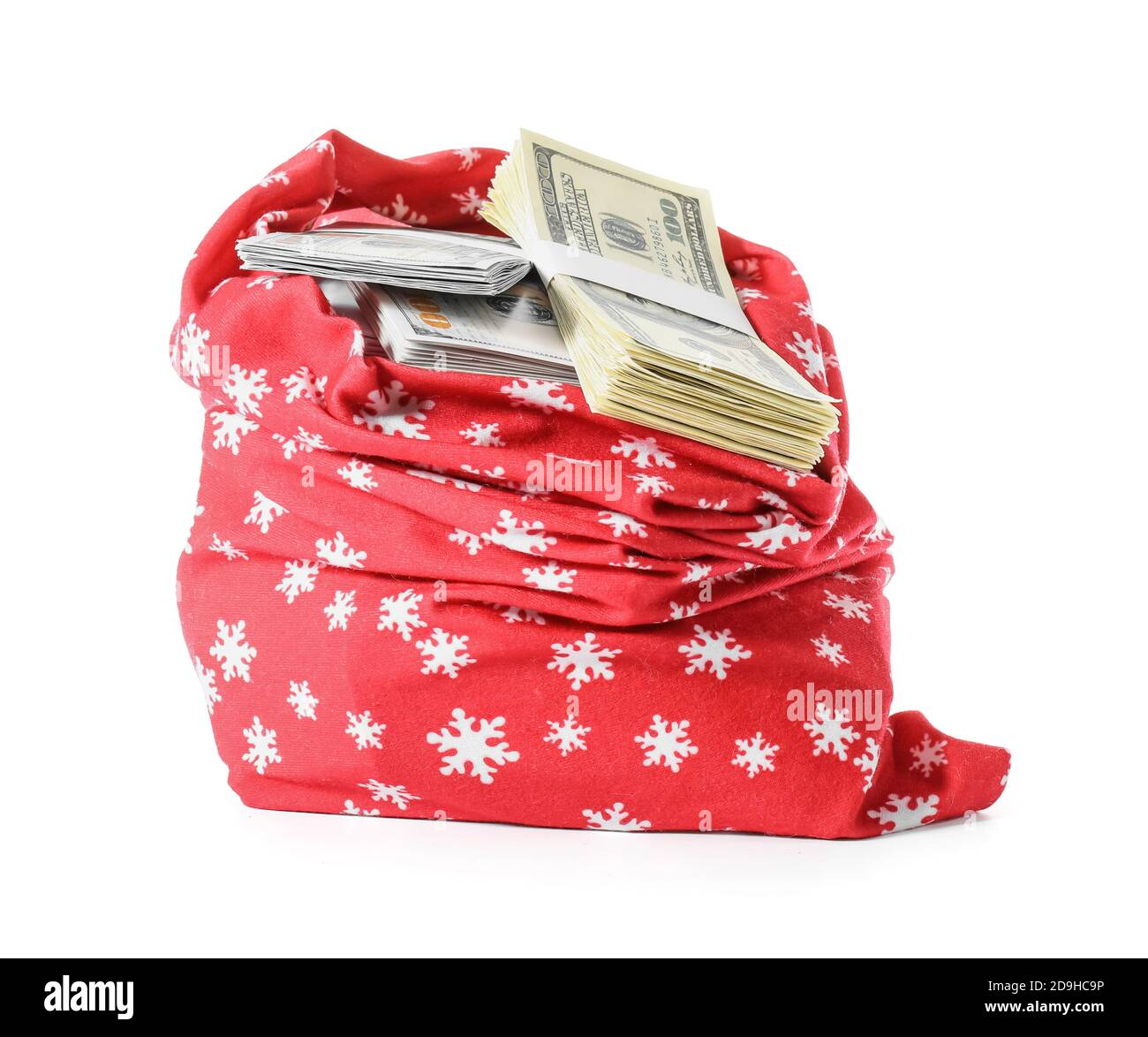 Santa Claus bag full of money on white background Stock Photo - Alamy