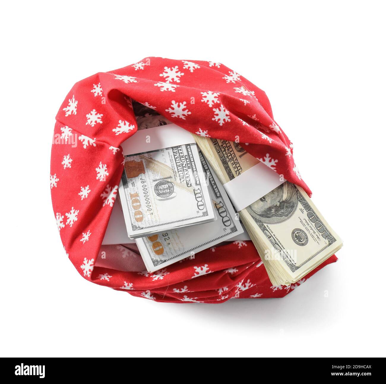 Santa Claus bag full of money on white background Stock Photo - Alamy