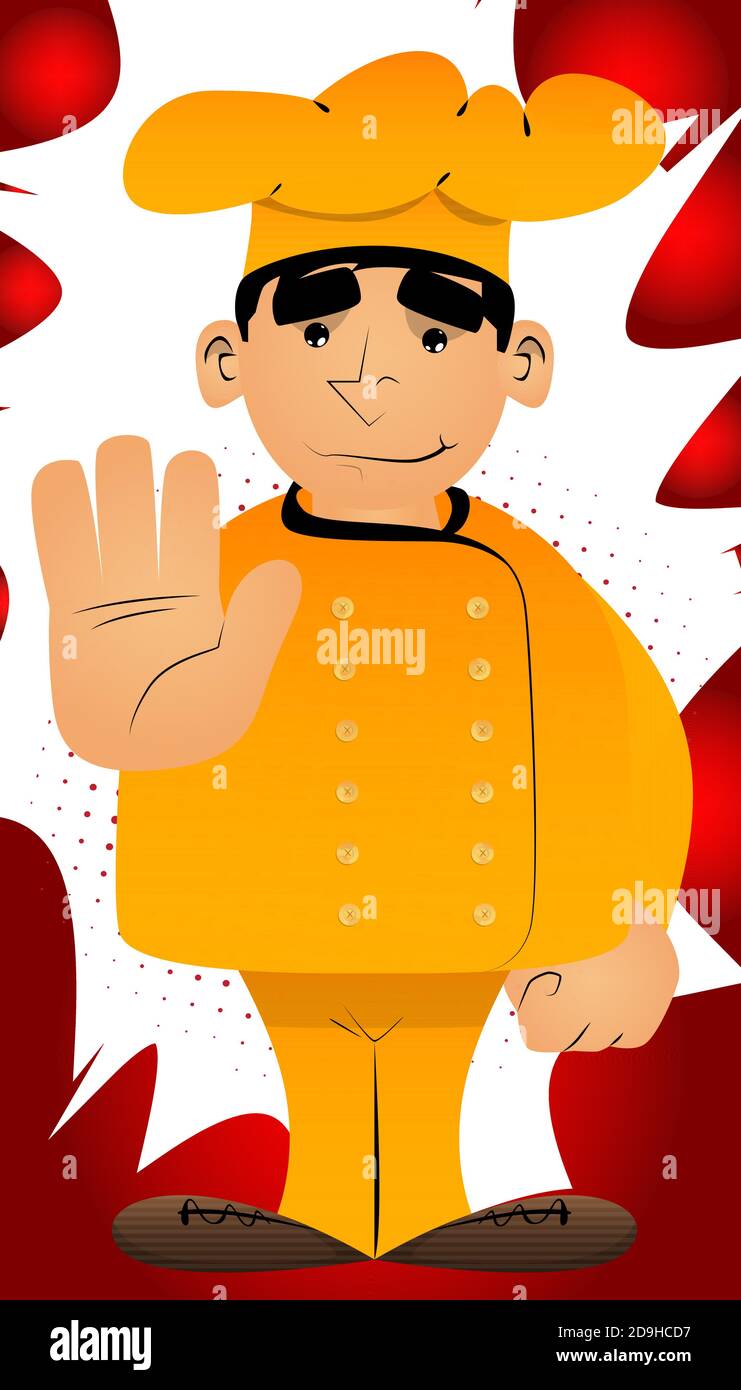 Fat male cartoon chef in uniform showing deny or refuse hand gesture ...