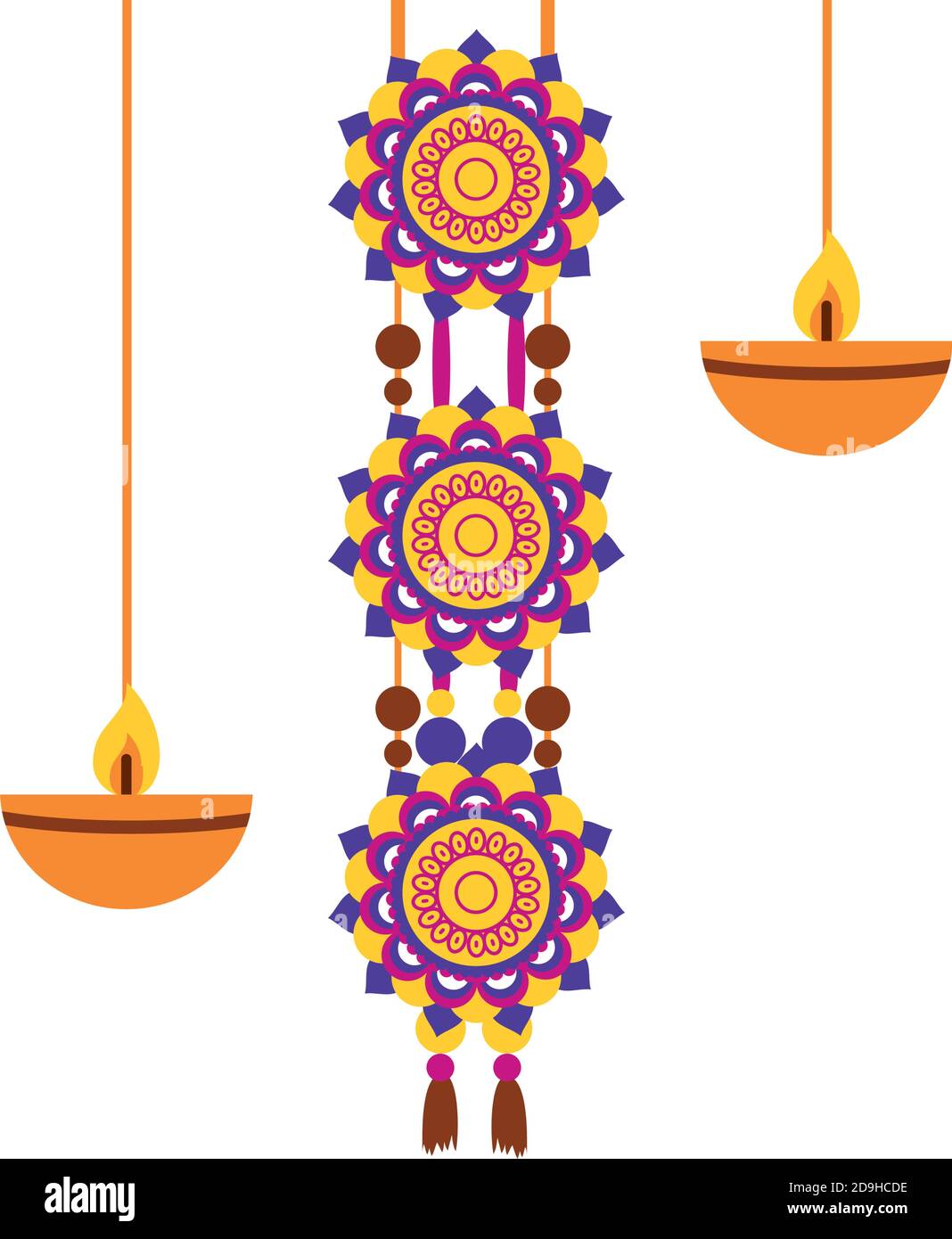bhai dooj concept, rangolis and diyas hanging over white background ...