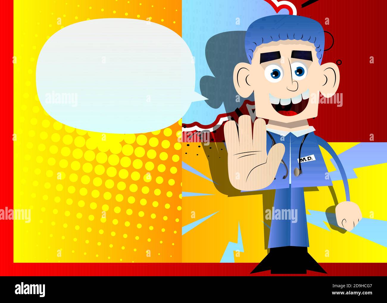 Funny cartoon doctor showing deny or refuse hand gesture. Vector ...