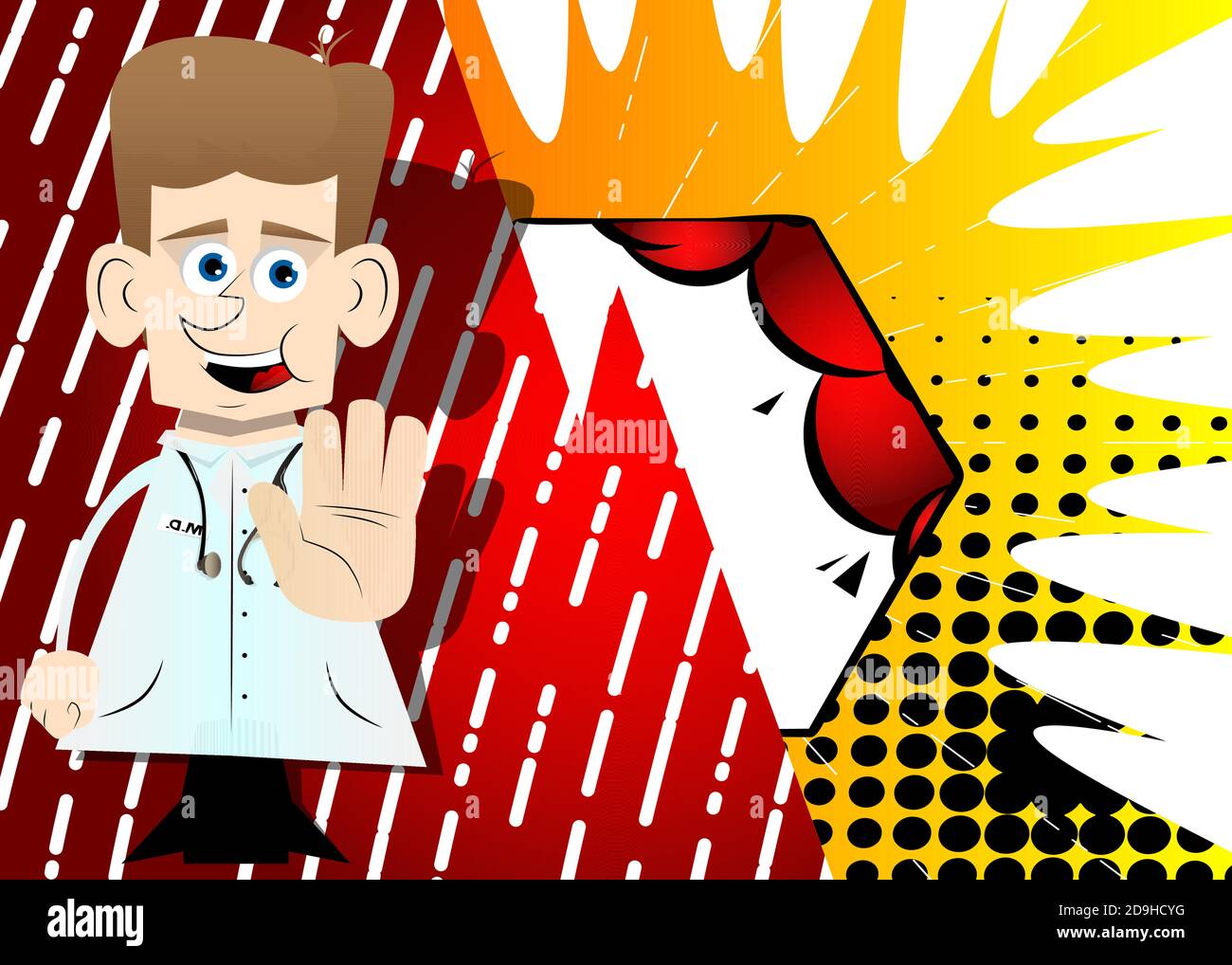 Funny cartoon doctor showing deny or refuse hand gesture. Vector ...