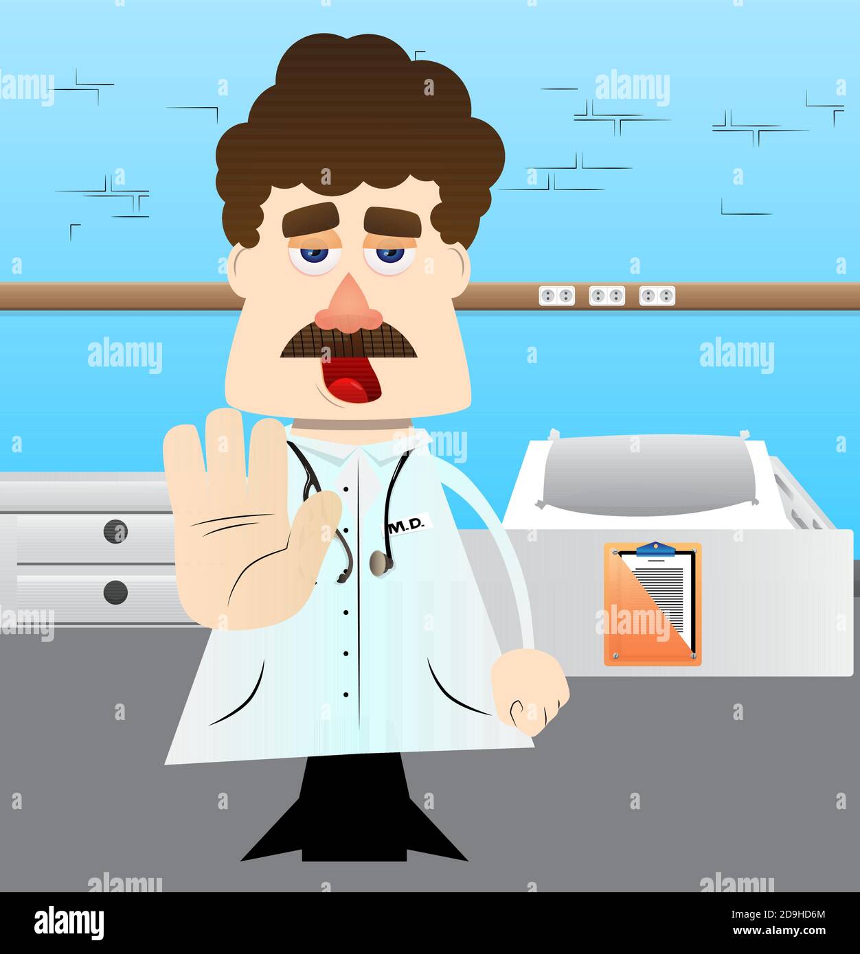 Funny cartoon doctor showing deny or refuse hand gesture. Vector ...