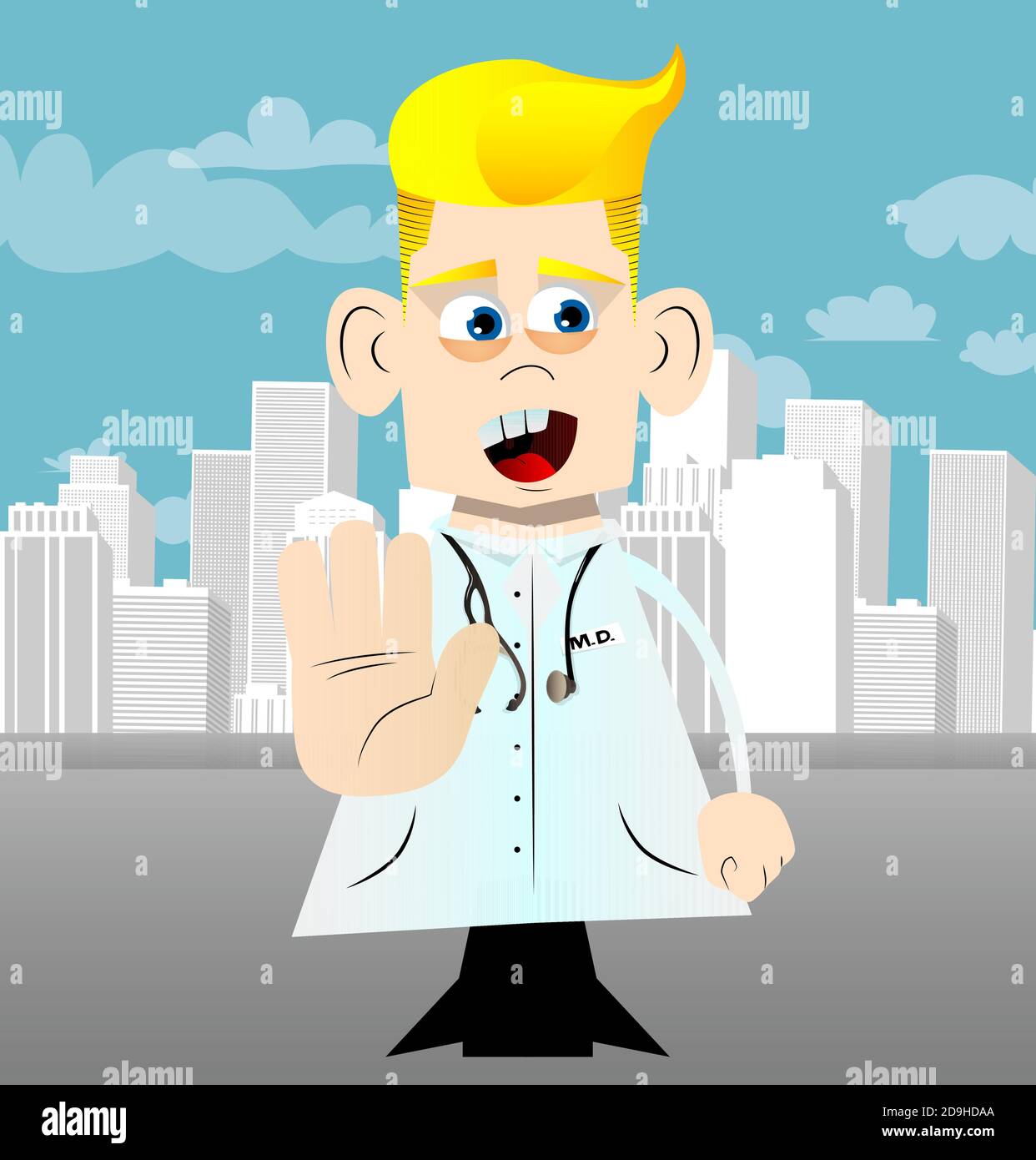 Funny cartoon doctor showing deny or refuse hand gesture. Vector ...