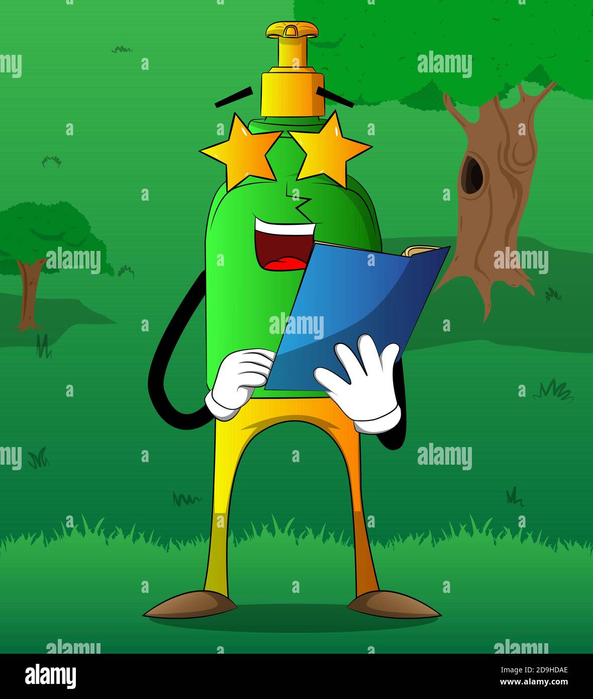 Cartoon bottle of hand sanitizer gel for hygiene with face reading a ...