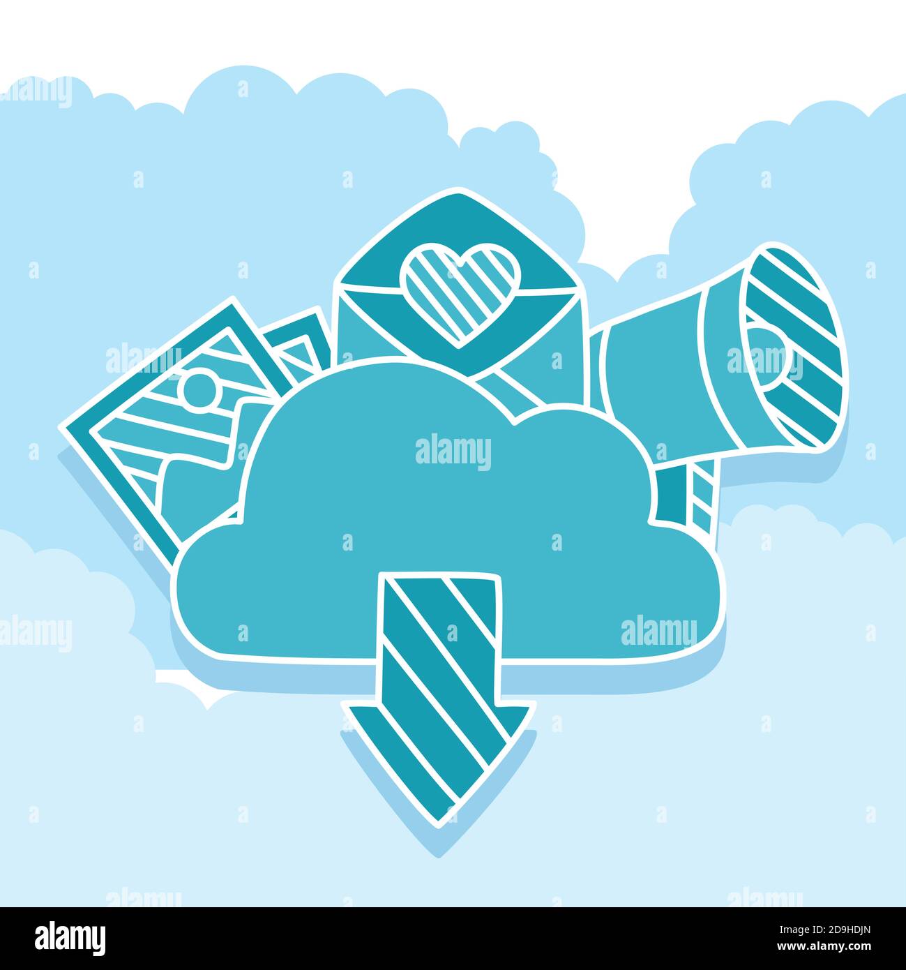 cloud storage with social media over blue background, half line half ...