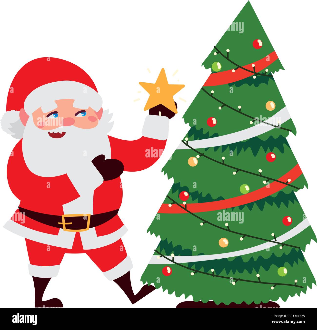 christmas santa claus decorating tree with star cartoon character ...